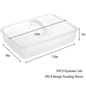 Lawei 3 Pack Pizza Dough Proofing Box, 14 x 10 Inch Dough Trays with Lid and Handle for Pizza, Stackable Pizza Bread Fermentation Storage Containers, Translucent Box with Cover Dough Tray, BPA Free