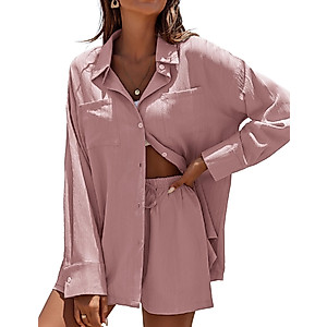Ekouaer Women's V Neck Lounge Sets Button Down Shirt and Shorts 2 Piece Outfits Loungewear Pajama with Pockets Dusty Rose