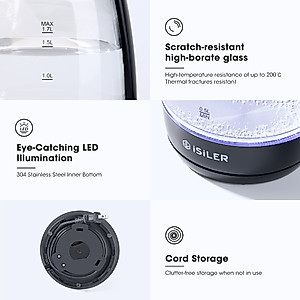 iSiLER 1500W Electric Kettle, 1.7 L Electric Tea Kettle with LED Indicator, Cordless Electric Glass Hot Water Boiler, Portable Teapot Heater Auto Shut-Off & Boil-Dry Protection BPA-Free Black