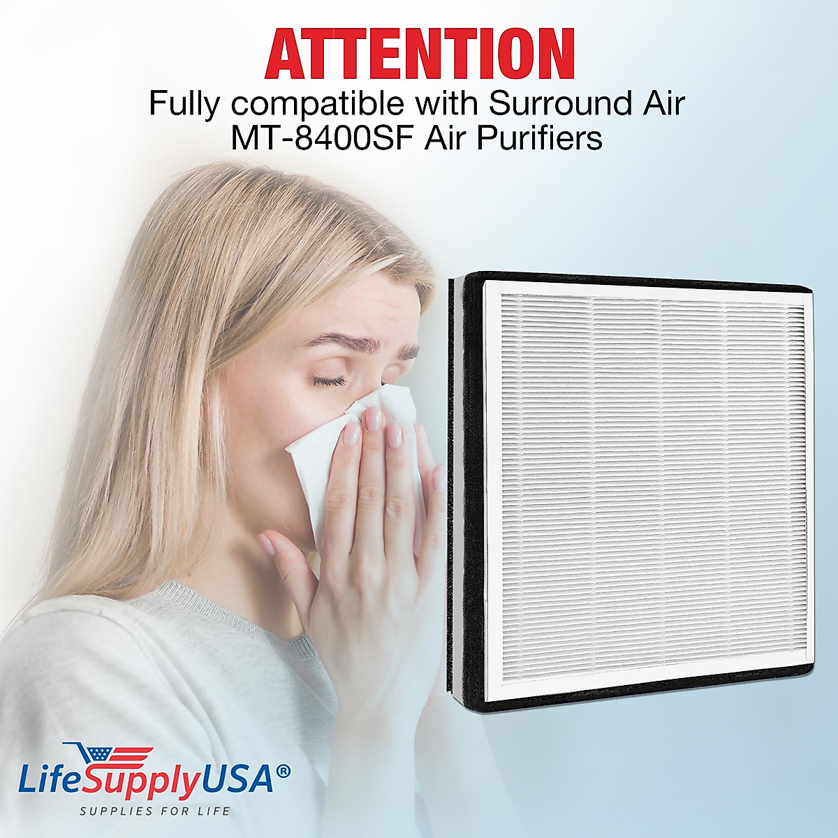 LifeSupplyUSA 3-in-1 True HEPA Air Cleaner Replacement Filter + Activated Carbon Filter + Pre Filter Compatible with Surround Air MT-8400SF Air Purifiers