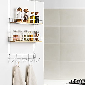 Navaris Over The Door Organizer - Metal and Bamboo Hanging Storage Rack with 2 Shelves and 5 Hooks - Shelf Hanger for Pantry, Bathroom, Closet - White