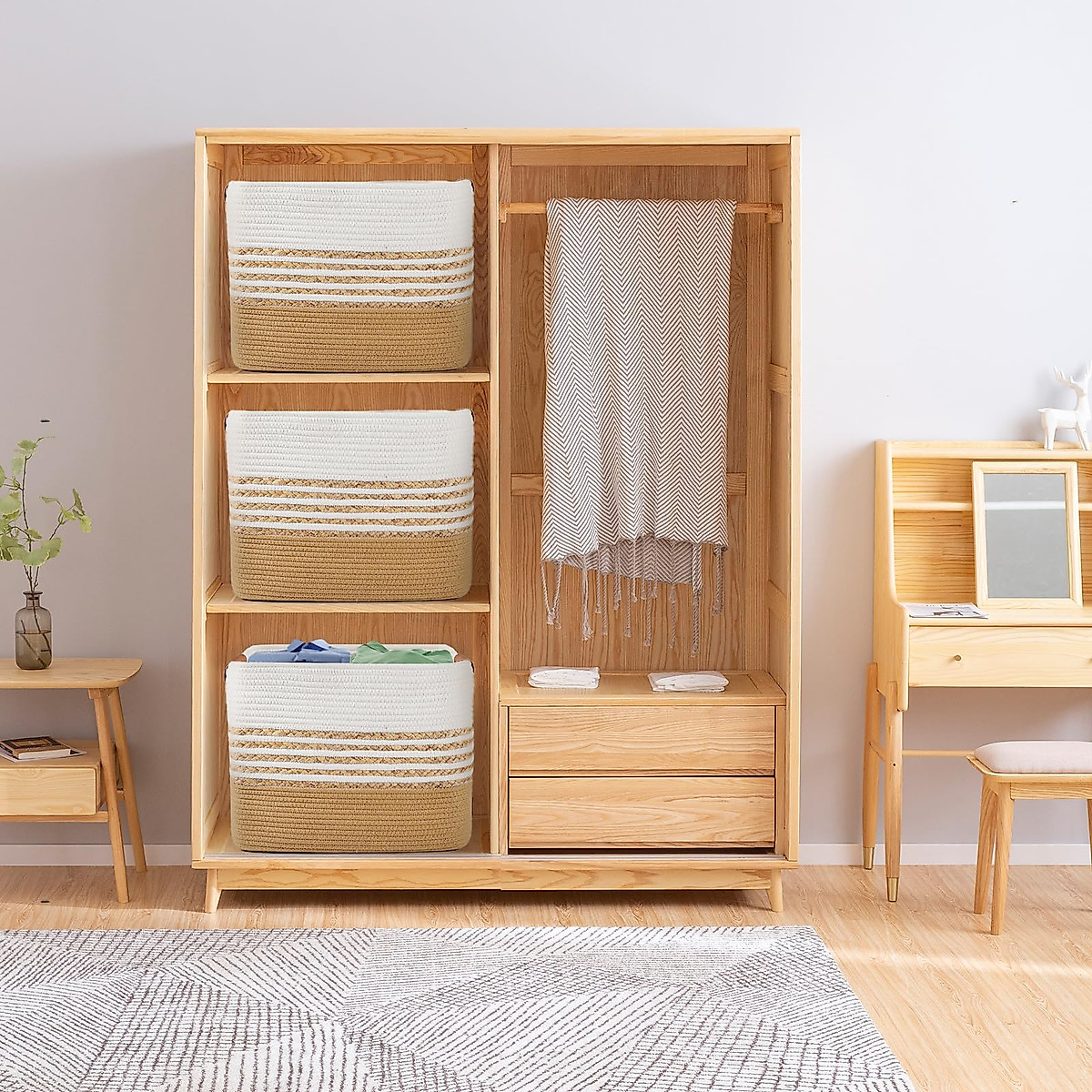 LWYMX 2 Pack Woven Baskets for Storage, 15.7"x11.8"x11.8" Cotton Rope Basket with Handles Gift Storage Basket for Organizing Bins, Nursery Toy Laundry Blanket Basket for Living Room Closet Shelves