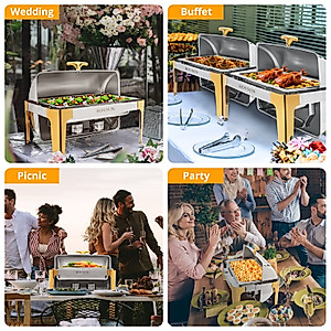 ROVSUN 3 Packs Roll Top Chafing Dish Buffet Set Gold Accent,NSF 9 Quart Rectangular Stainless Steel Chafer, Buffet Servers and Warmers Set Warming Tray for Wedding, Parties, Banquet, Catering Events