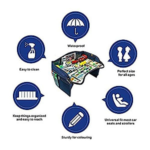 Coolmum Kids Travel Tray, Toddler Car Seat Tray, Double Sided Activity Organizer, Snack Lap Tray, Baby Stroller Tray, Airplane Play Table, Waterproof and Foldable (Premium Blue)