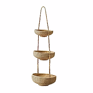 Serene Spaces Living Hanging Raffia Baskets for Your Kitchen – 3 Fair Trade Handmade Decorative Storage Baskets from Madagascar for Fruit and Vegetables