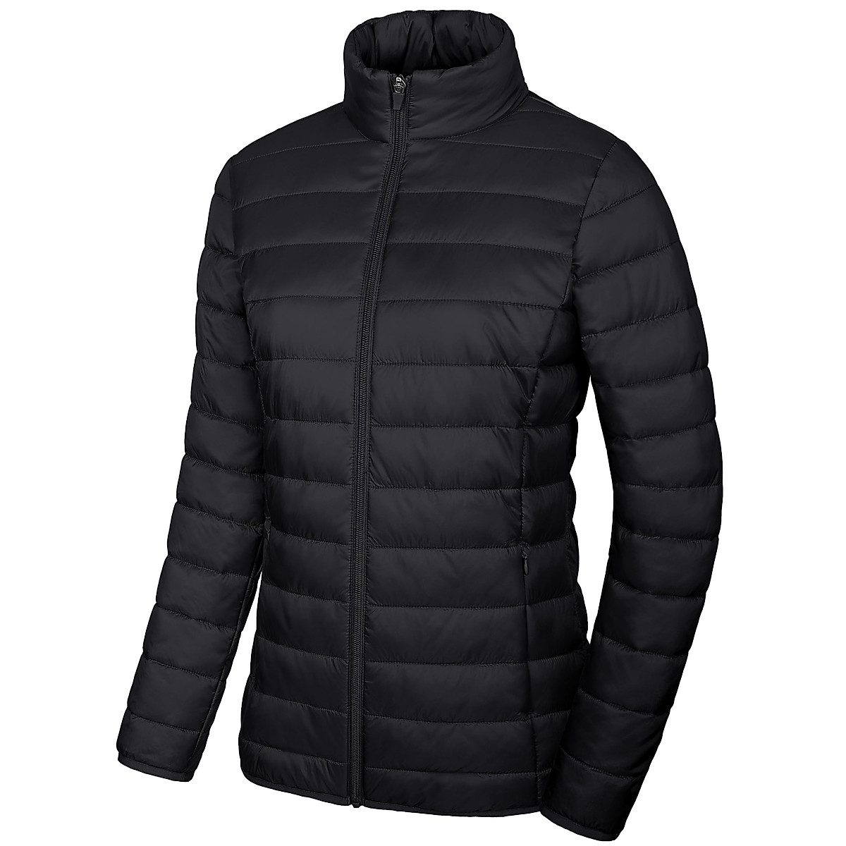MAGCOMSEN Womens Black Jackets Ultra-light Puffer Quilted Winter 4 Pockets Long Sleeve Full-zip Padded Coat, Black XXL