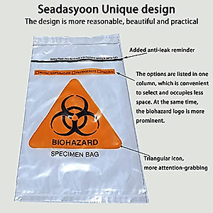 Seadasyoon 100pcs 6x9.8in/15x25cm Specimen Biohazard Bags,Bio hazard Logo Printing, Ziplock Top with Outside Pocket Paperwork Pouch