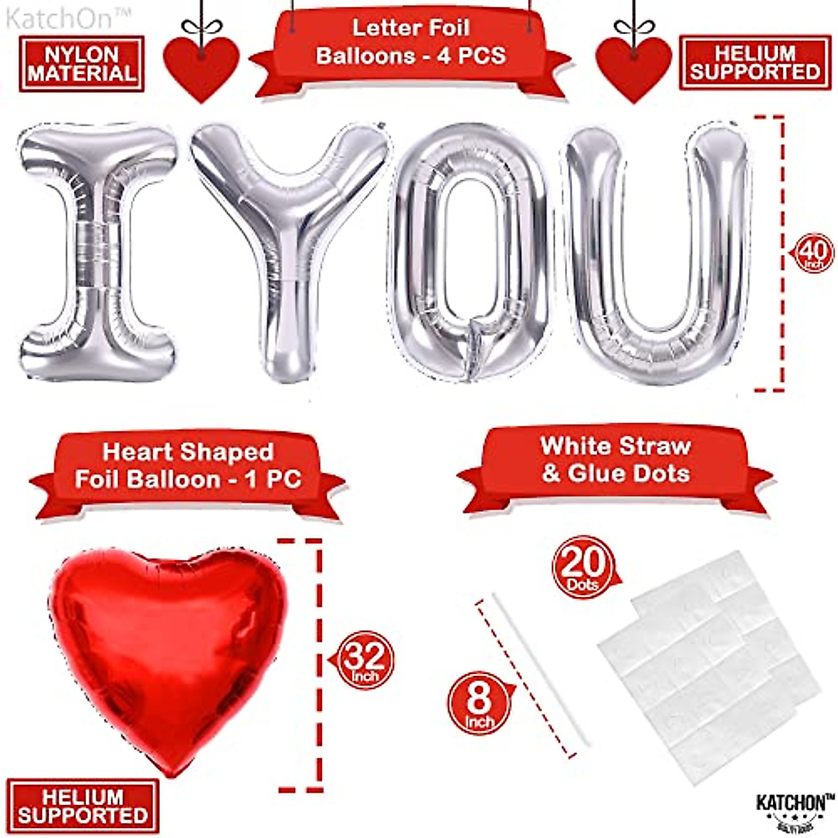 Huge, Silver I Love You Balloons - 40 Inch | Love Balloons for Valentines Day Decor | I Love You Foil Balloons, Happy Anniversary Balloons | I Heart You Balloons for Happy Anniversary Decorations