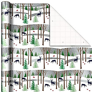 Hallmark Foil Holiday Wrapping Paper with Cut Lines on Reverse (3 Rolls: 60 sq. ft. ttl) Woodland Scene with Deer, Green and Navy Blue Plaid, Wreaths on Navy Blue