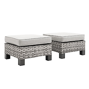 LebenLiebe Outdoor Patio Ottomanr Wicker Ottomans for Patio 2 Pieces Rattan Ottoman All-Weather Square Outdoor Footstool Footrest with Grey Cushions