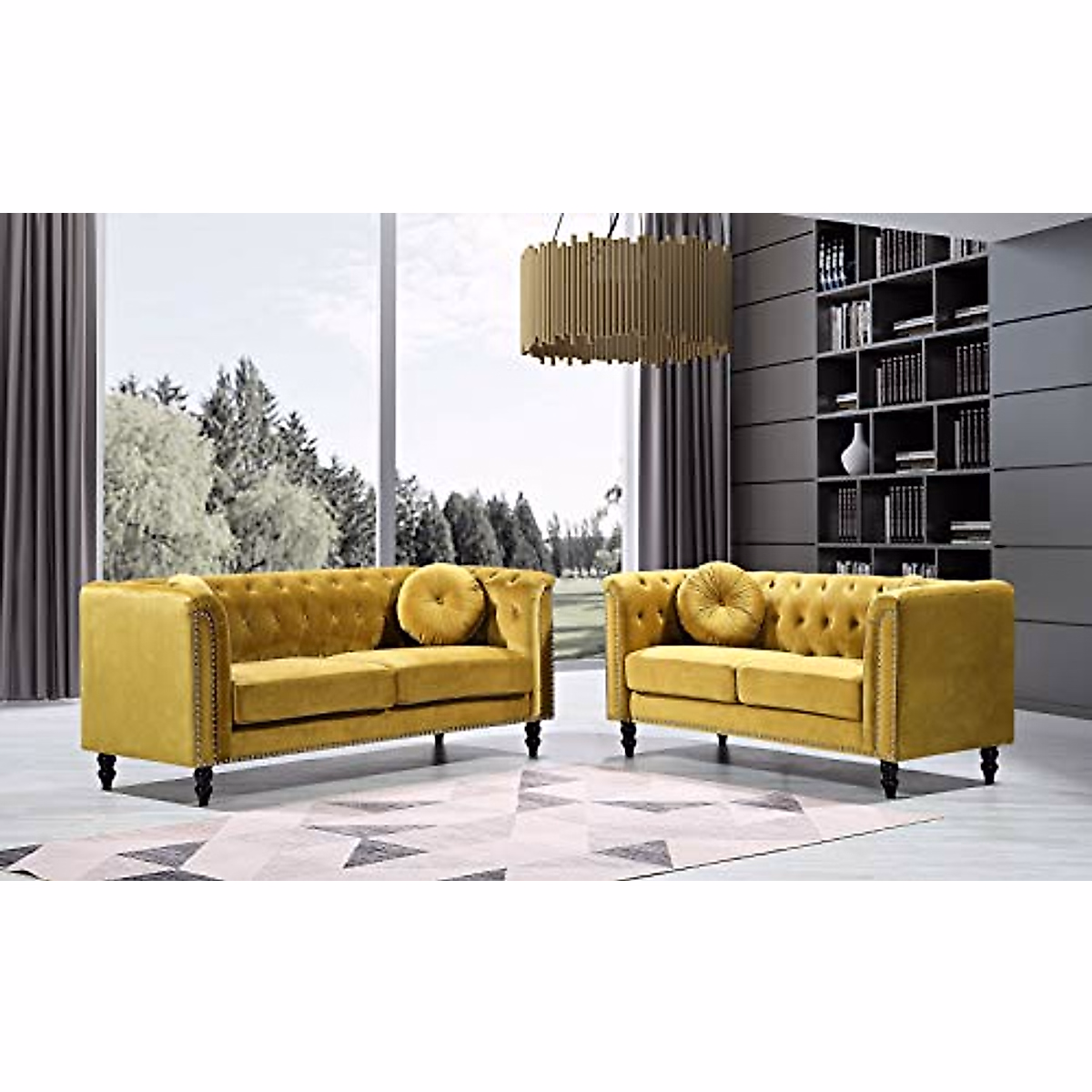 Container Furniture Direct Kittleson Velvet Chesterfield Loveseat for Living Room, Apartment or Office, Mid Century Modern Diamond Tufted Couch with Nailhead Accent, 64.17", Dark Yellow