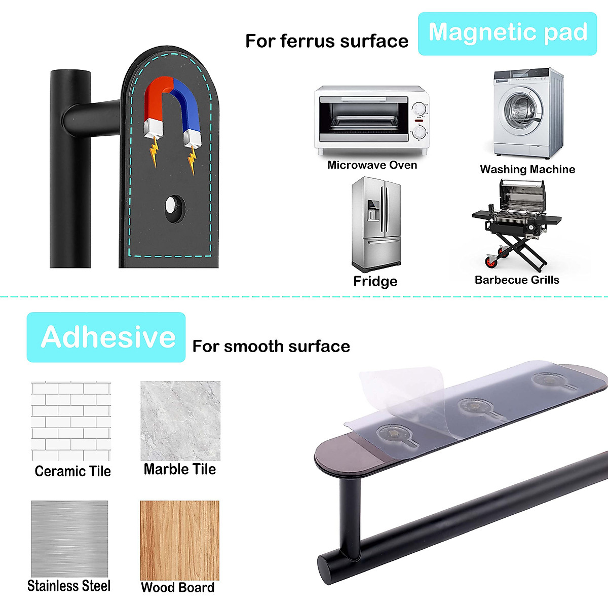 KIHOGEM Magnetic Paper Towel Holder, Self Adhesive Paper Towel Holder Wall Mount, Strong Magnetic Backing Paper Towel Holder for Refrigerator Grill RV Garage(Black)…