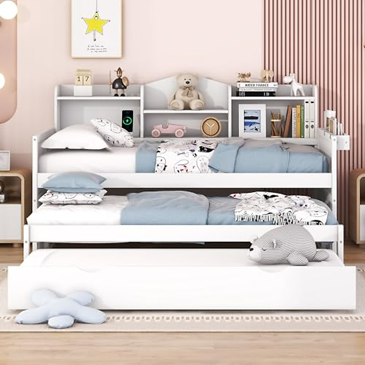 Linuque Twin Size Daybed with 2 Twin Trundles and Storage Shelf, Wooden Sofa Bed Frame with USB Charging Ports, No Box-Spring Needed, White