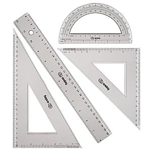 Geometry Plastic Ruler Set, Clear 12 inch/ 30 cm Straight Ruler, Triangle Rulers, Protractor Ruler Tool Set, Transparent School and Office Supplies Math Rulers for Kids and Adults, Set of 4 – By Enday
