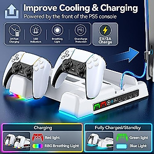 PS5 Stand with 3-Level Cooling Fan, PS5 Controller Charger with LED Light for Playstation 5 Controllers, PS5 Cooling Station PS5 Accessories incl. Headset Holder, HDD Slot