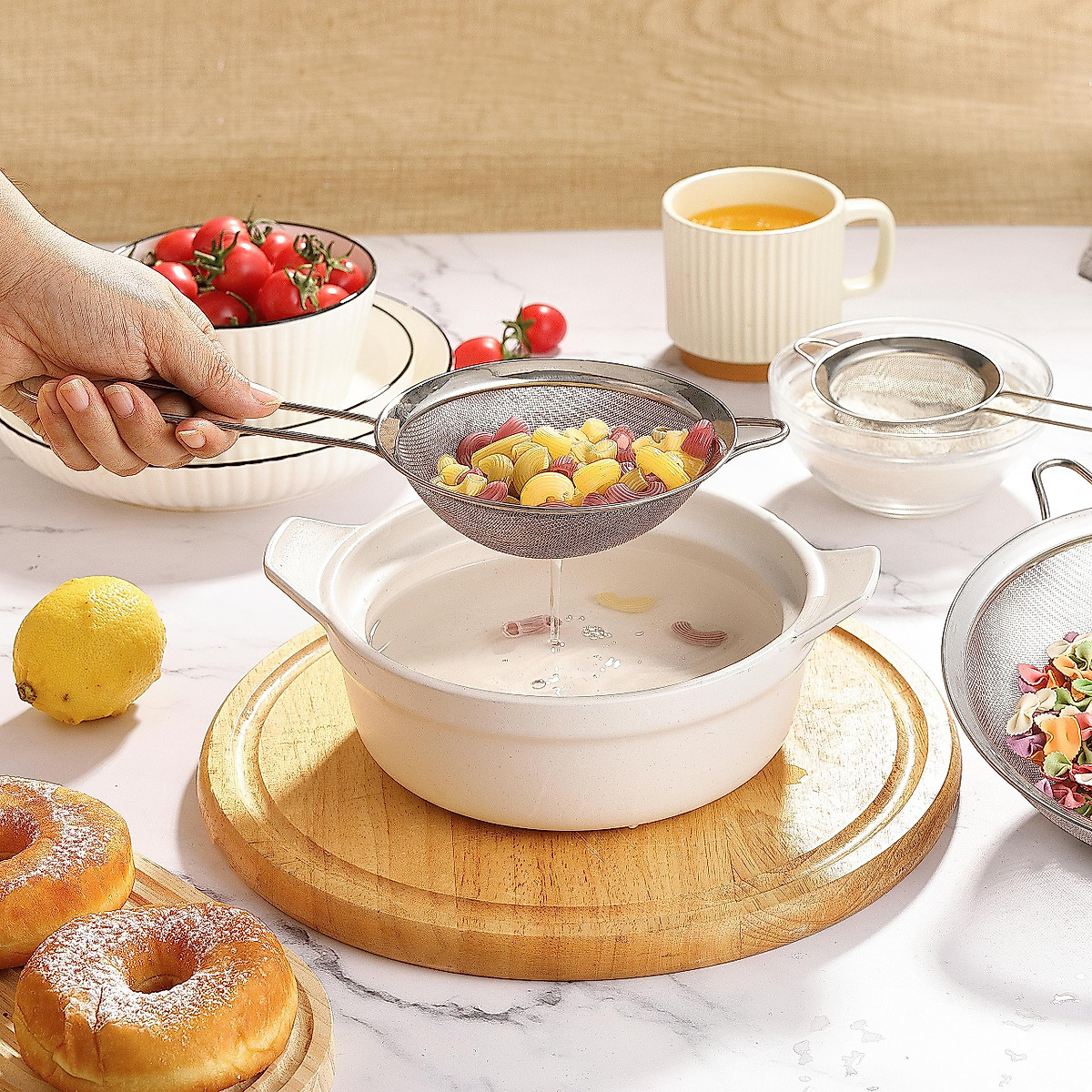 3PCS Fine Mesh Strainers Set, Little Cook Stainless Steel Colanders and Sifters with Sturdy Handle, Perfect for Sift, Strain, Drain and Rinse Vegetables, Pastas and Tea（Large + Medium + Small，3PCS)