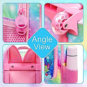 FTJCF 3PCS Rolling Backpack for Girls, Kids Unicorn Roller Bookbag with Wheels, Wheeled School Bag Set for Elementary -Rainbow