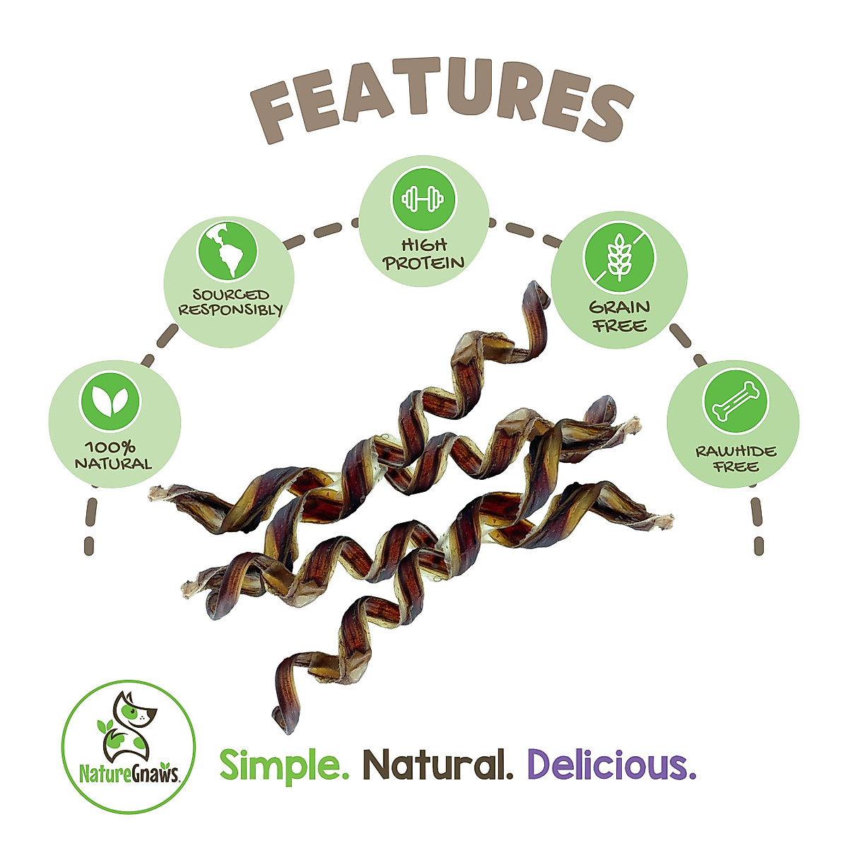 Nature Gnaws Pork Bully Stick Springs for Dogs 7-8" (12 Count) - Long Lasting for Small and Medium Dogs - Natural Bacon Dog Chew Treats - Rawhide Free