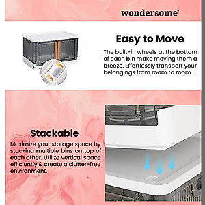 Wondersome Collapsible Storage Bins - 6-Pack of Extra-Large 19-Gallon/76-Quart Stackable Wheeled Clothing, Shoe, Bedroom, Office Organizer - Foldable Containers - Assembles in Second - US-Based Brand