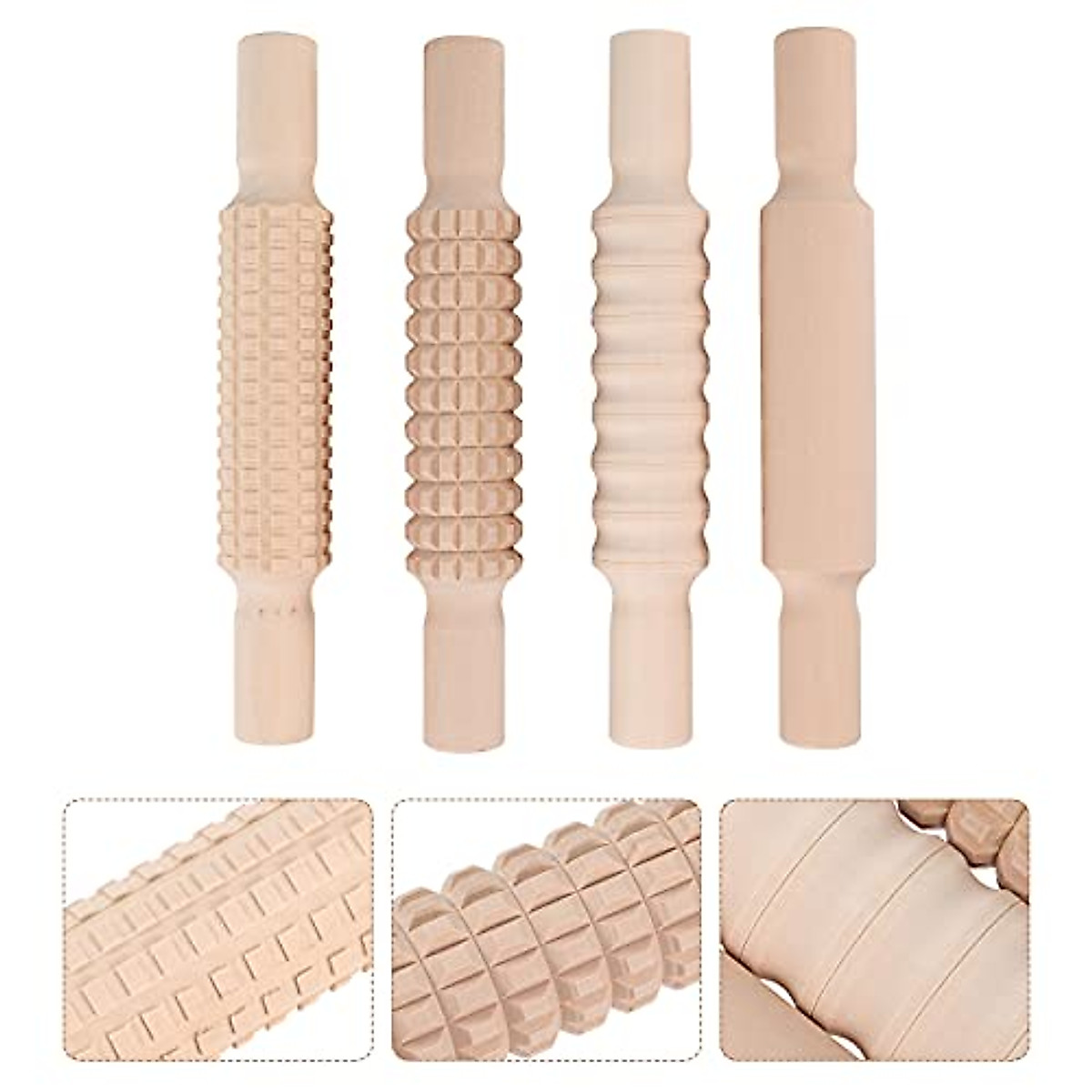 NUOBESTY 4pcs Wooden Mini Rolling Pin Embossed Rolling Stick Dough Molding Shaping Tool for Toddler Kids Art Craft Activity Supplies