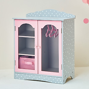 Olivia's Little World Polka Dot Princess Wooden Shaker-Style Double Closet for 18" Doll Wardrobes with Windowed Doors, Three Shelves, Hanging Space with Hangers, Gray/Pink