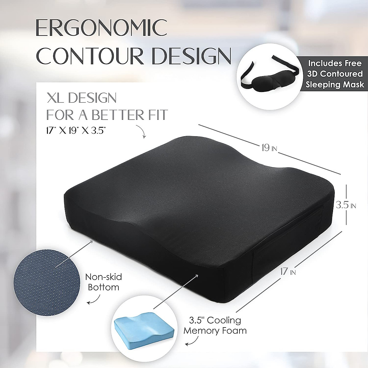 Stephan Roberts Extra Large Comfort Seat Cushion | Non-Slip Orthopedic Memory Foam | Back and Tailbone Relief | for Car, Travel, Office, Wheelchair | XL 19" x 17" x 3.5" (Cooling)