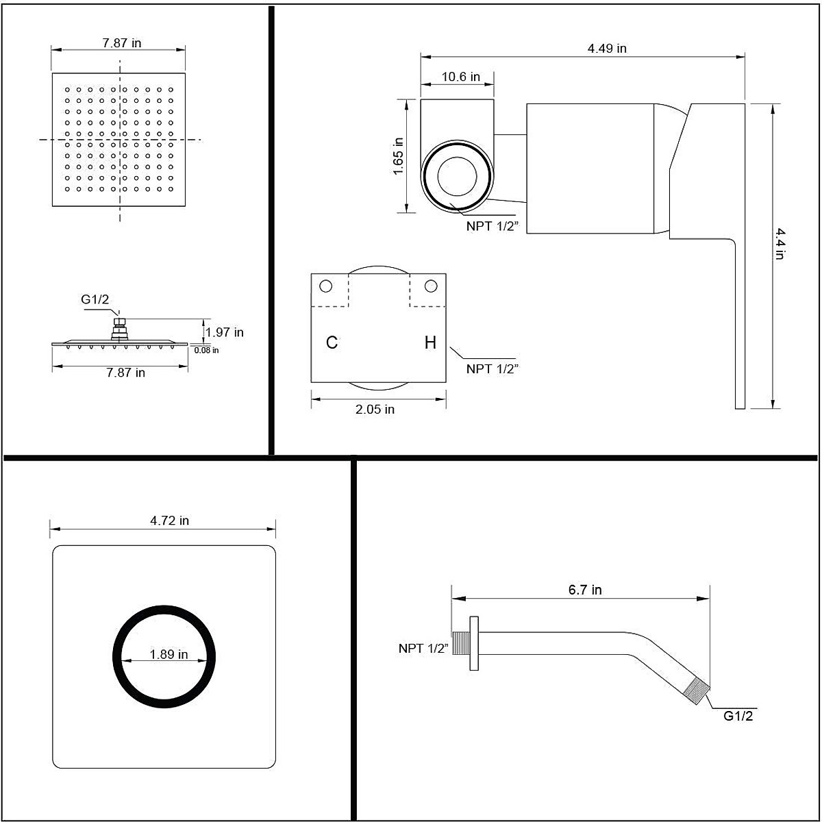 Black Shower Faucet GGStudy Single Function Shower Trim Kit with Rough-in Valve Shower Set Bath Rainfall Shower Faucet System 8inch Square Stainless Steel Metal Shower Head
