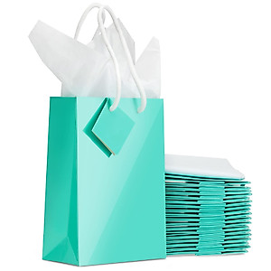 BLUE PANDA Small Teal Party Favor Gift Bags with Handles, Tissue Paper (5.5 x 7.9 In, 20 Pack)