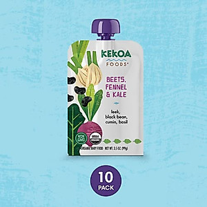 Kekoa Foods Beets, Fennel & Kale Baby Food Purée | 100% USDA Certified-Organic, No Sugar Added | Organic, Non-GMO, Gluten-Free, Vegan | Nutrient-Rich Blend with Leeks & Black Beans | 3.5 oz Squeeze Pouch