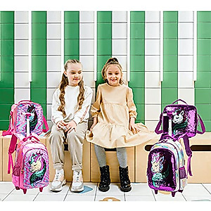 Egchescebo School Kids Rolling Backpack for Girls and Boys With Wheels Trolley Wheeled Backpacks for Girls Travel Bags 3PCS Girls and Boys Backpack With Lunch Box Purple