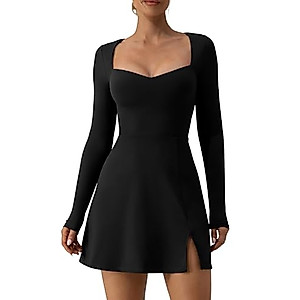 QINSEN Long Sleeve Dress for Women Sexy Sweetheart High Waist Flare Mini Dress Clubwear Black M