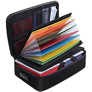 JUNDUN Document Organizer, Fireproof Document Bag with Lock, Document Storage Box with Accordian, 7 Pockets Document Holder with Handle Portable File Bag for Important Documents, File, Passport(Black)