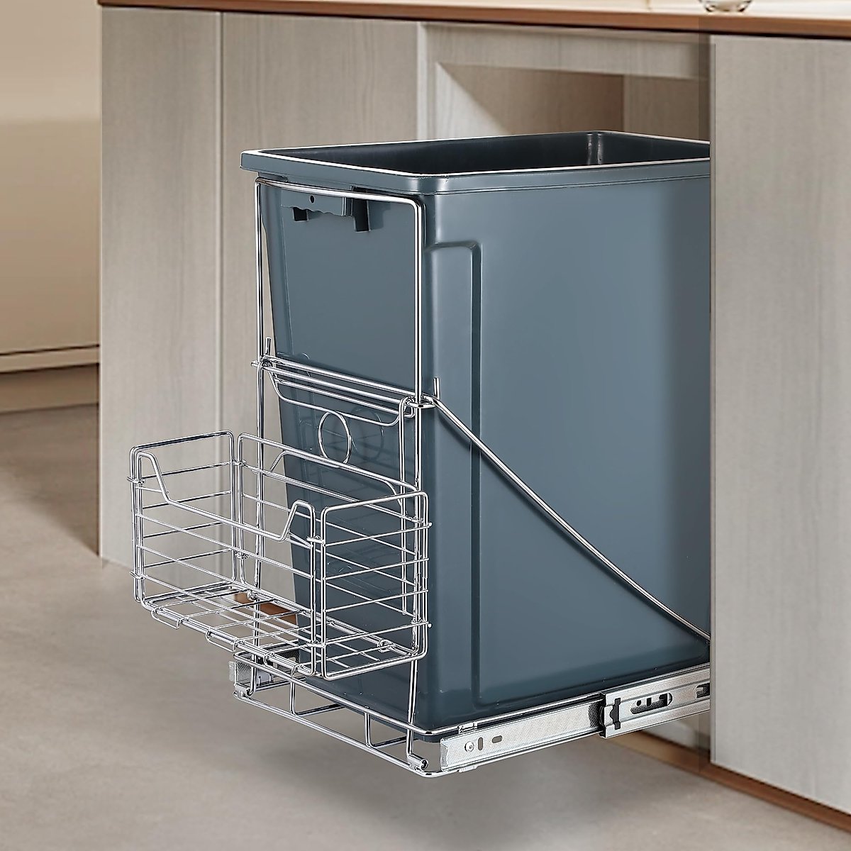Pull Out Trash Can with Removable Metal Basket, Stainless Steel Kitchen Adjustable Trash Slide Out Shelf, Cabinet Trash Can Pull Out Kit, Fit 7-11 Gallon Garbage Can (Trash Can Not Included, Silver)