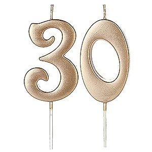 Champagne Gold 30th Birthday Candles for Cake, Number 30 1 3 Glitter Candle Party Anniversary Cakes Decoration for Kids Women or Men