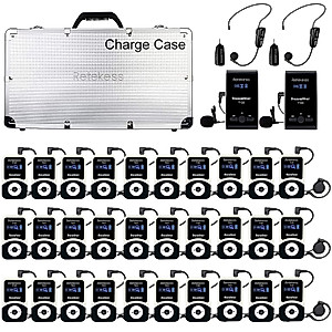 Retekess T130 Tour Guide System, Tour Guide Headsets with 2 Wireless Mic, 32-Slot Charge Case, Assistive Listening System for Church,School(2 Transmitters 30 Receivers)