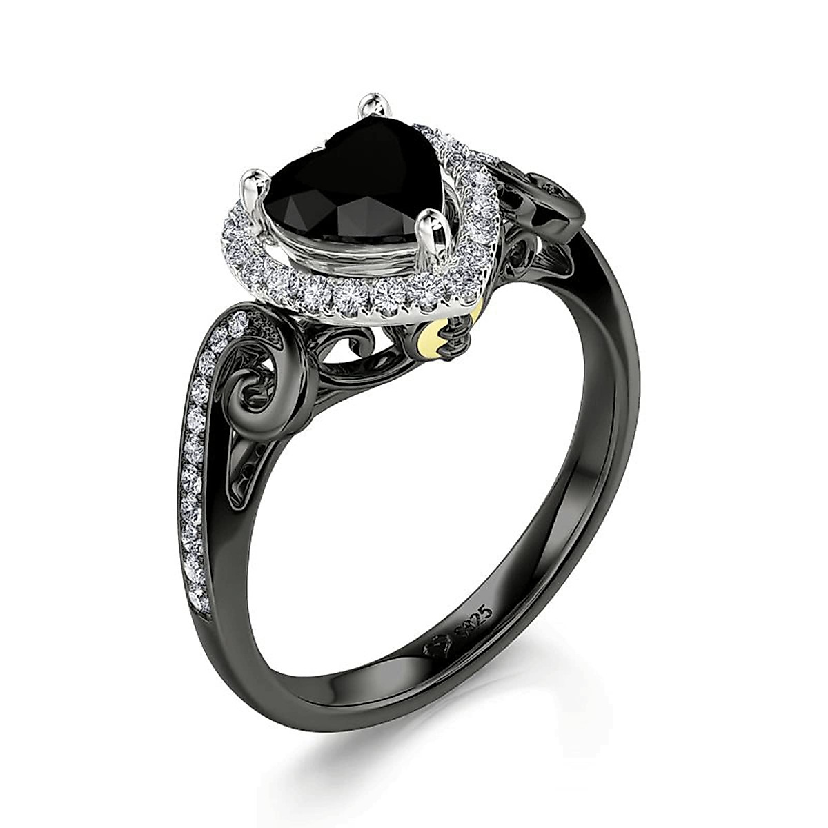 Jeulia Black Heart Cut Sterling Silver Engagement Ring Halo Bridal Anniversary Promise Wedding Band Gemstone Solitaire Crystal Diamond Fashion Brilliant Classic Ring Set with Jewelry Gift Box (Fancy Black, 7.5)