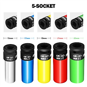 DNA MOTORING TOOLS-00156 5-Pieces 1/2-Inch Drive Wheel Protector Impact Deep Socket Set - 15mm 17mm 19mm 21mm 22mm, Cr-V, White,blue,red,yellow,green