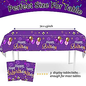 ssailue decor 3Pcs Happy Birthday Tablecloth Purple and Gold Birthday Decorations for Girls Women Disposable Plastic Rectangular Table Covers 43”x 70” for Birthday Party Supplies