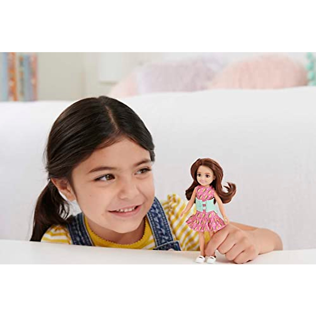 Barbie Chelsea Doll, Small Doll with Brace for Scoliosis Spine Curvature, Brunette Wearing Pink Lightning Bolt Dress