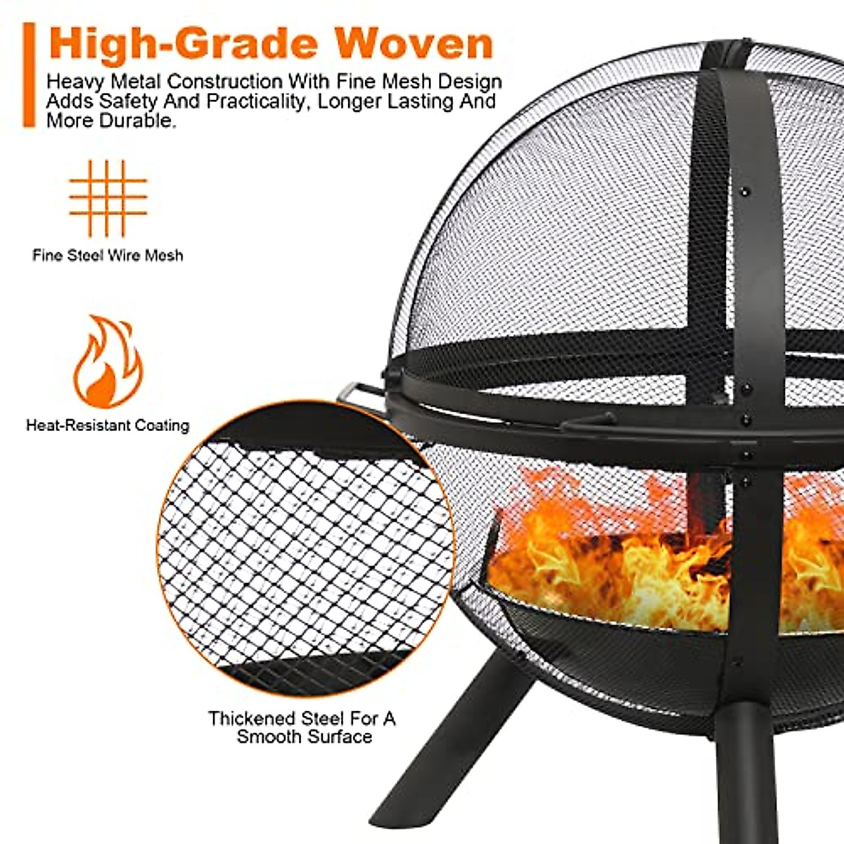 Catalina Creations Heavy Duty Round Fire Pit with Removable BBQ Grill and Mesh Spark Screen Outdoor Wood Burning Firepit Steel Firepit Bowl for Garden Bonfire Camping Picnic - Black