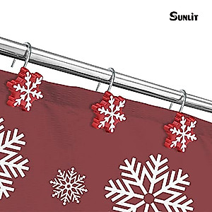 Sunlit Christmas Shower Curtain Hooks Snowflakes Shower Curtain Rings, Resin, Red and White Christmas Decor, Winter Bathroom Decoration - 12 Pack