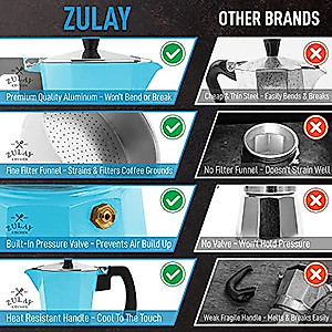 Zulay Classic Italian Style 5.5 Espresso Cup Moka Pot, Classic Stovetop Espresso Maker for Great Flavored Strong Espresso, Makes Delicious Coffee, Easy to Operate & Quick Cleanup Pot (Blue)