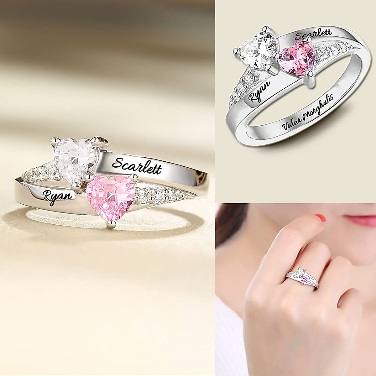 Roseinside Personalized Double Heart-Shaped Birthstone Sterling Silver Ring Couple Promise Rings for Her Engraved 2 Birthstones and Names mothers ring anniversary ring Gift for Her Wife Valentine's Day Anniversary