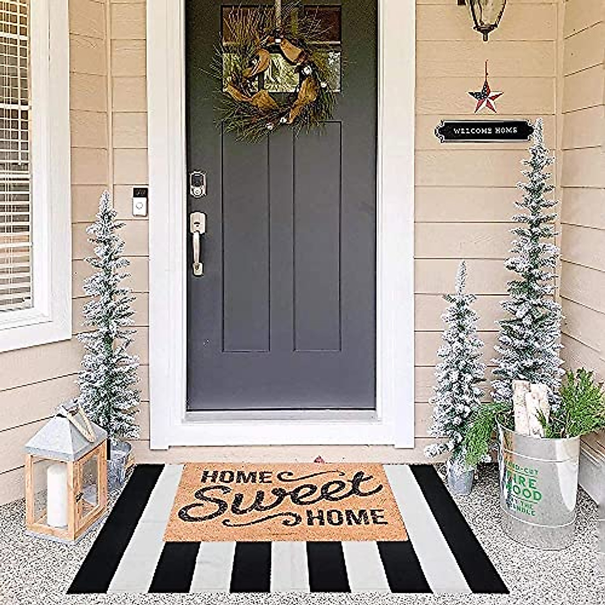 CAINANEL Black and White Striped Outdoor Rug 27.5X 43 inches Front Door Mat Hand-Woven Cotton Indoor/Outdoor for Layered Door Mats,Welcome Door Mat, Front Porch,Farmhouse,Kitchen,Entry Way