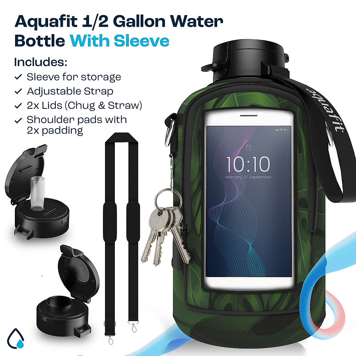 AQUAFIT 64 oz Water Bottle with Time Marker PLUS Carrying Sleeve with Strap - Water Bottle with Strap - Water Bottle with Straw - BPA Free Gym Water Bottle - Big Water Bottle with Handle (Monstera)
