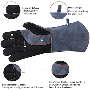 RAPICCA Fireplace Gloves Fire Heat Resistant: Grey 16IN - Fireproof Leather for Fireplace Fire pit Wood stove Campfire Furnace BBQ Grill Stick Mig Welding Welder Gear - one size 662℉