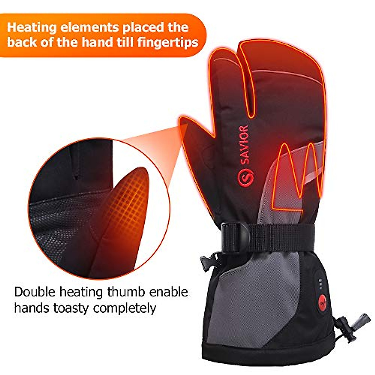 Savior Heated Gloves for Men Women 3-Finger Ski Mitten 7.4V Rechareable Battery Gloves for Skiing (L)