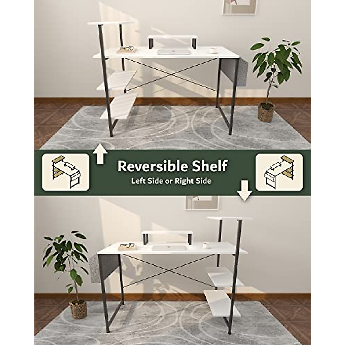 Innerjoin 47 inch Computer Desk with Shelves, Home Office Desk with Monitor Stand, 4 Tier Shelves, Storage Bag, Metal Frames, White