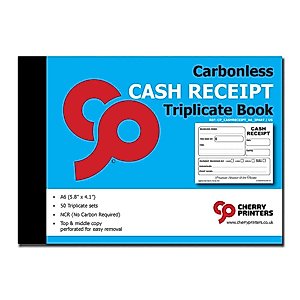 Cherry Carbonless Cash Receipt Book, 3-Part, with Loose-Leaf Writing Shield, A6 (4.1 x 5.8 Inches) 50 Sets, Unnumbered