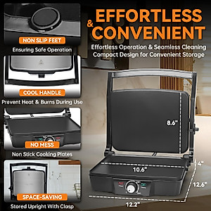 Baker's Friend Panini Press Electric Griddle, Panini Grill Press Sandwich Maker Press, Grilled Cheese Maker, Sandwichera Electrical, Browning Control, Non Stick Surfaces, 4-Slices, Stainless Steel